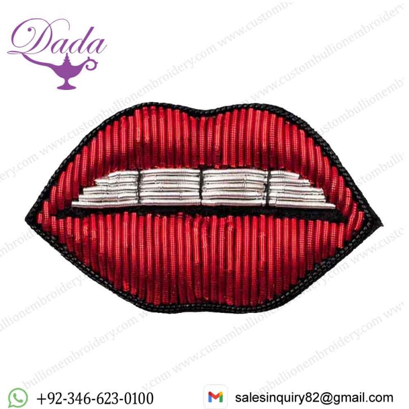 Red Lips Hand Embroidered Brooch Pin Handmade crest Brooch Bullion