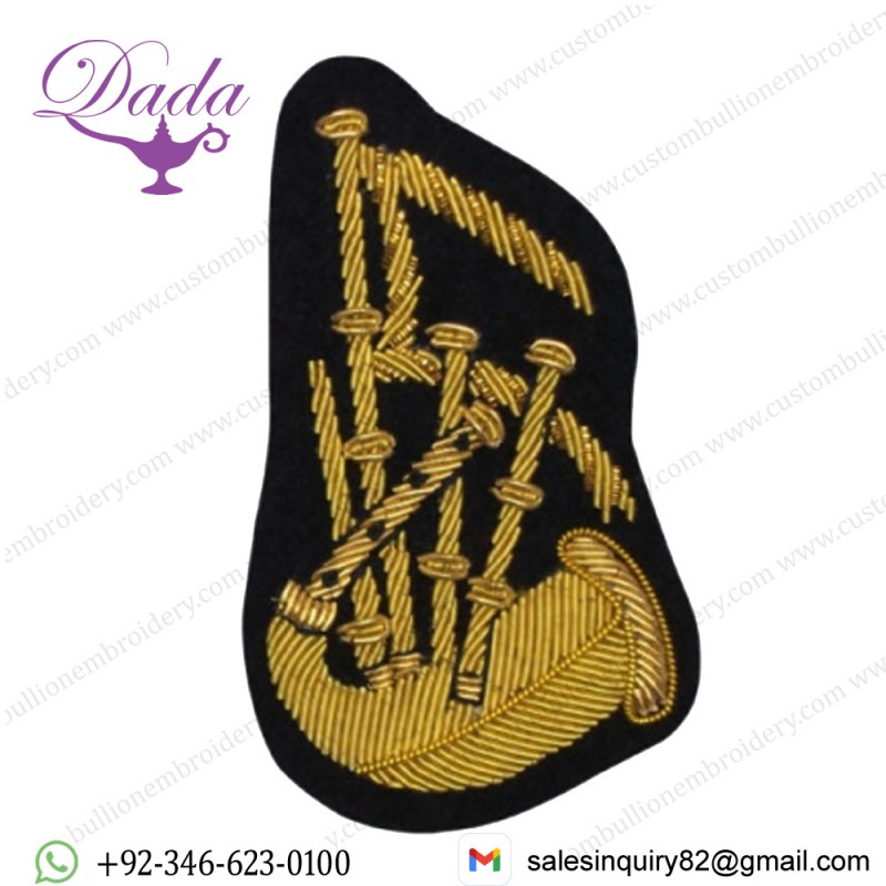 Bagpipe Hand embroider Badge Gold Bullion on Black Pipe Major Regiment