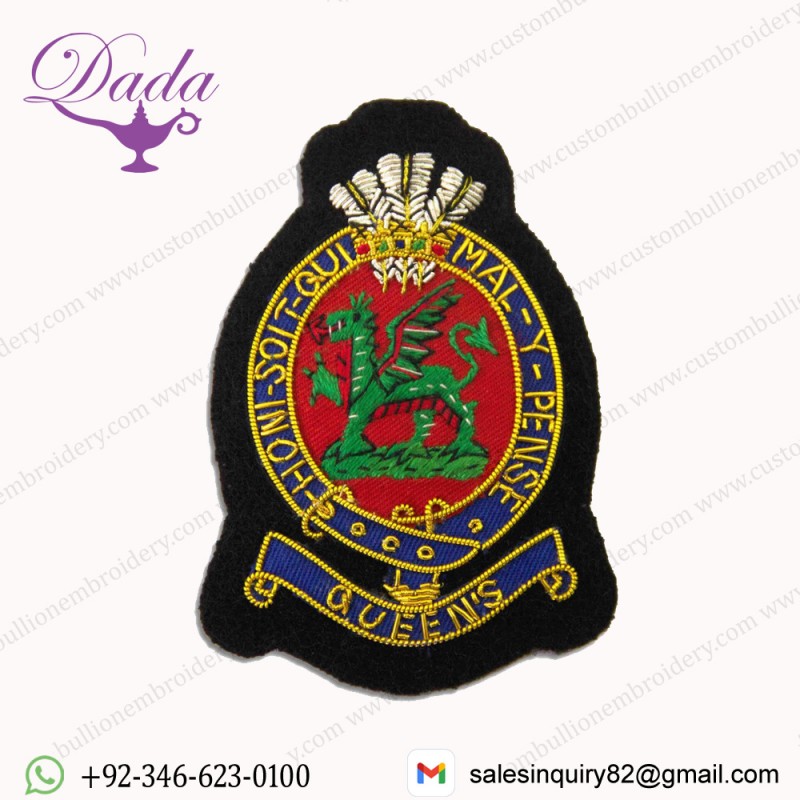 Queen's Regiment Blazer Badge Bullion Wire Emblem, Bullion Patches