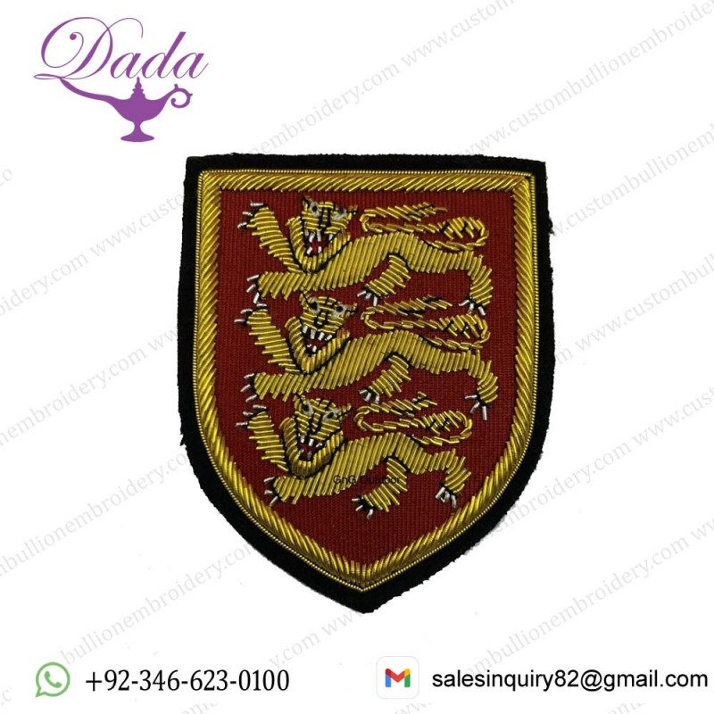 Three Lions Coat Of Arms Crest Hand Embroidery Bullion Wire Three Lion